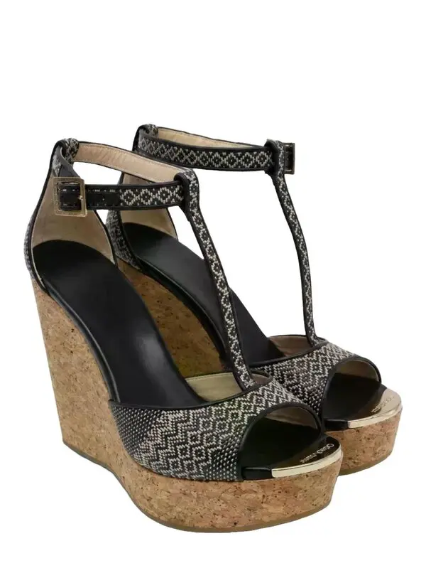 JIMMY CHOO Leather Geometric Print T-strap Wedge Sandals - Black