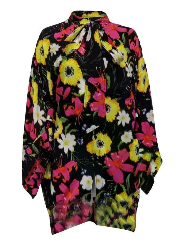 Balenciaga Floral Print Tie Neck Long Sleeve Blouse - Black