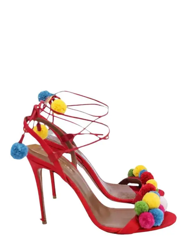 AQUAZZURA Pom Pom Embellished Lace-up Sandals - Red