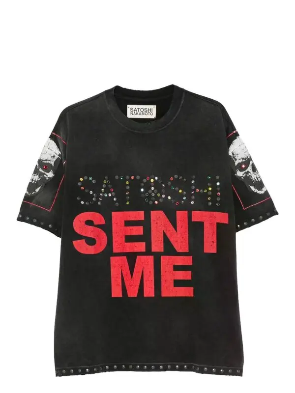 SATOSHI NAKAMOTO Stud-embellished Skull-print T-shirt - Black