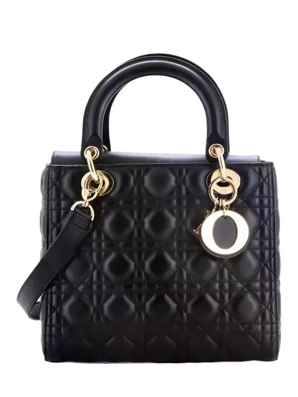 Dior Lady Lambskin Cannage Quilt Satchel - Black