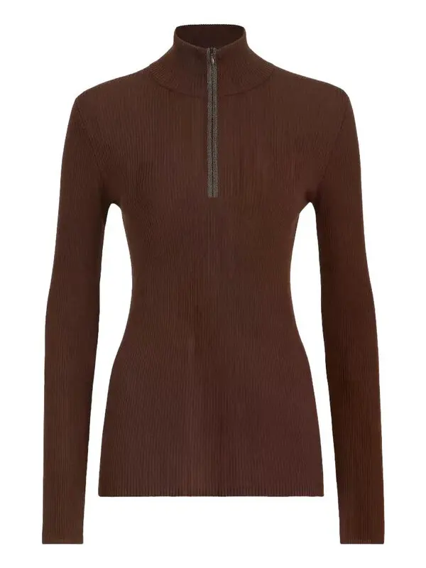 Brunello Cucinelli Virgin Wool And Cashmere Lightweight Ribbed Turtleneck Sweater With Precious Half-zip - Brown