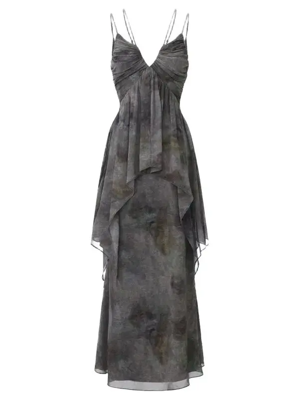 ELYWOOD Ink-wash Shirred Layered Maxi Dress - Grey