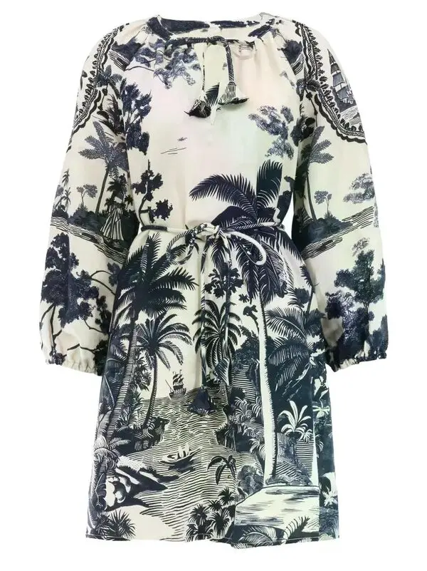 Hunter Bell Lisette Tropical-print Tie-waist Mini Dress - Neutrals