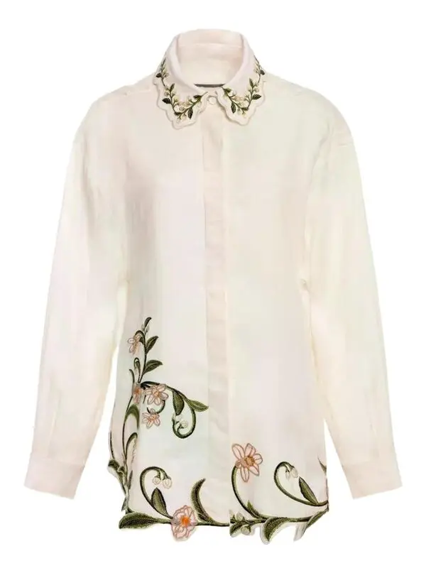 Agua Bendita Floral Embroidered Linen Shirt - Neutrals