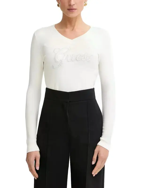 Guess Embellished V-neck Sweater - White
