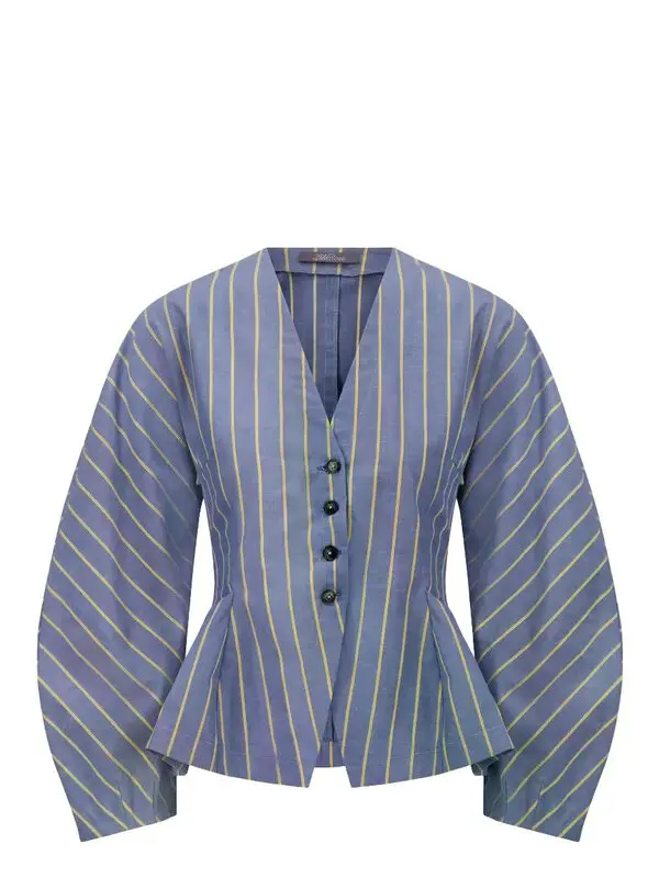Lela Rose Striped V-neck Blouse - Blue