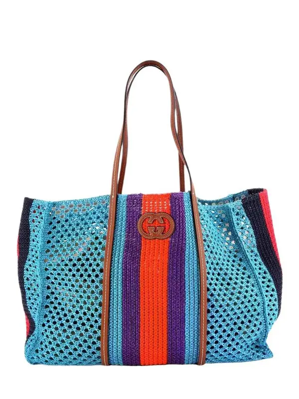 Gucci Interlocking G Web Raffia Medium Tote Bag - Multicolour