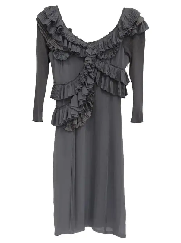 Burberry Ruffled Silk Dress With Pleated And Ribbed-knit Sleeves - Grey