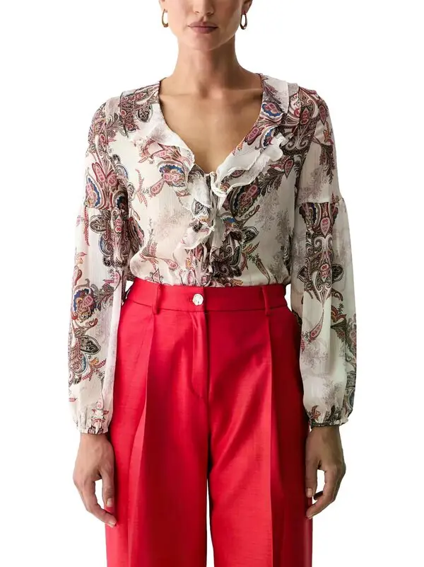Guess Paisley-print Ruffled V-neck Blouse - Neutrals
