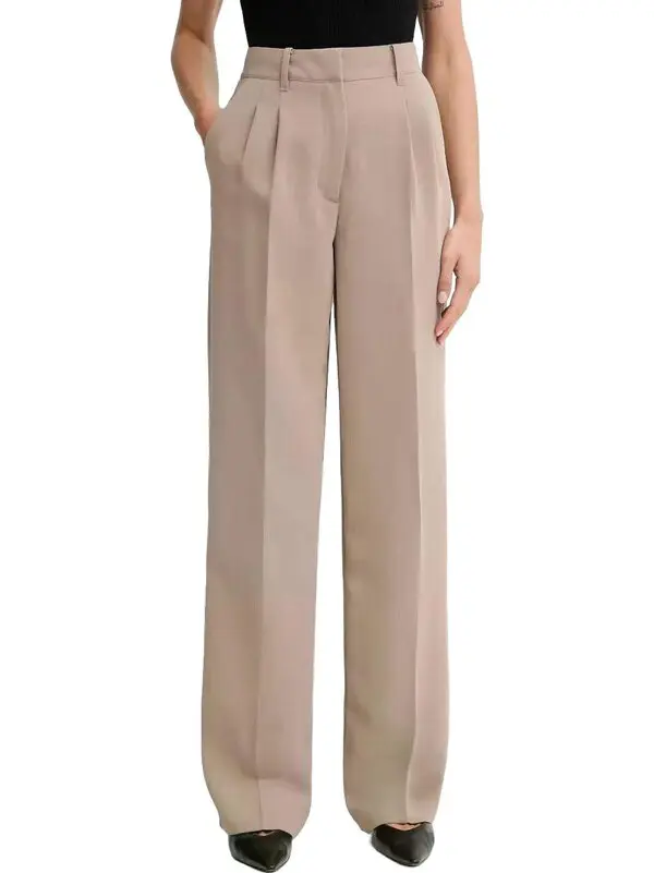 Guess Pleated Logo Plaque Wide Leg Trousers - Neutrals