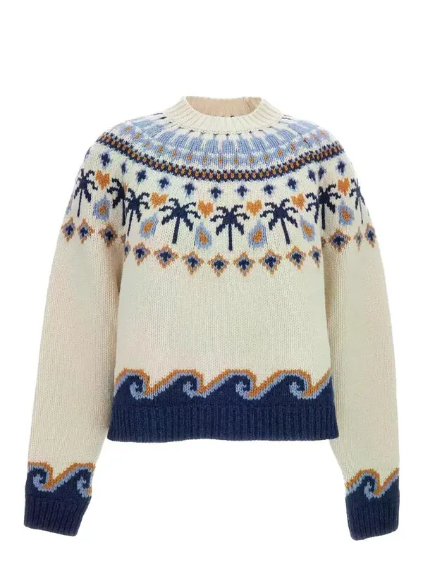 Alanui Jacquard Knit Sweater With Palm Tree And Wave Motif - Neutrals