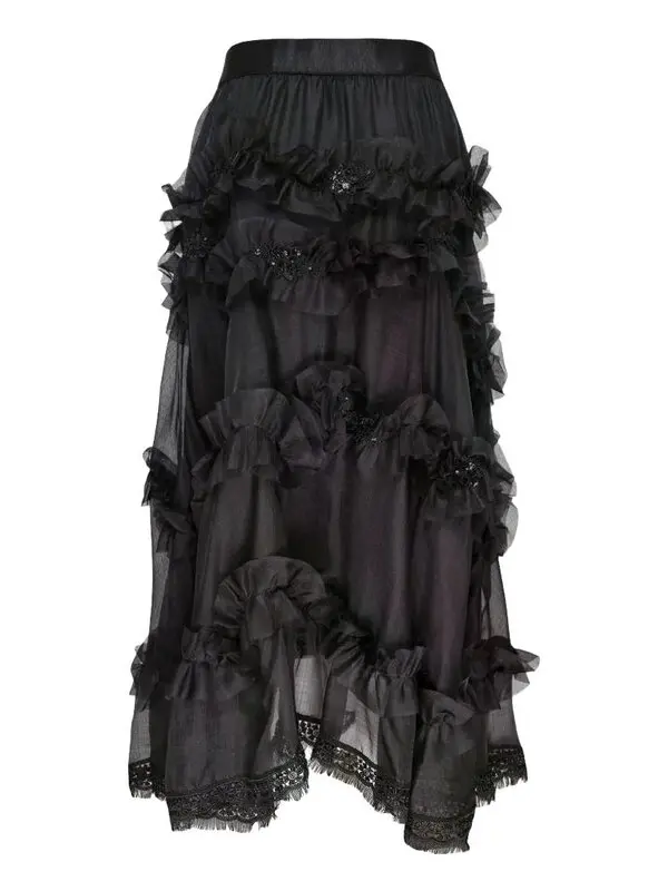 RENLI SU Ruffled Silk Midi Skirt - Black