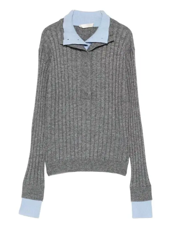 ELEH Ribbed-knit Button-up Polo Top - Grey