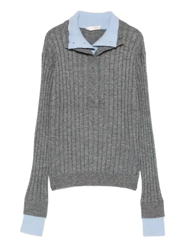 ELEH Ribbed-knit Button-up Polo Top - Grey