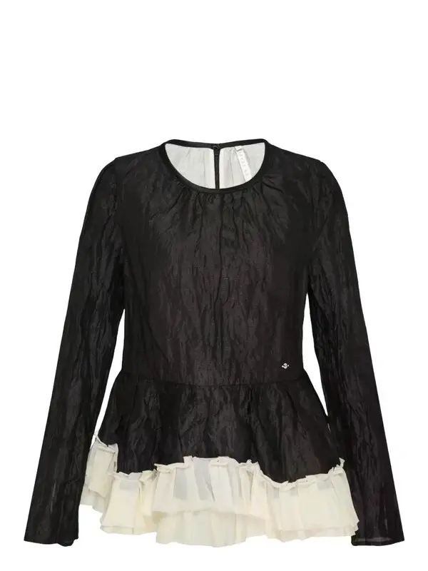 RENLI SU Crinkled Finish Ruffled Peplum Blouse - Black