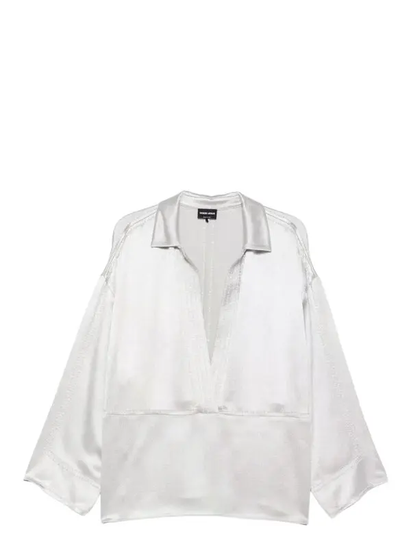 Giorgio Armani V-neck Long-sleeve Blouse With Satin Finish - Silver