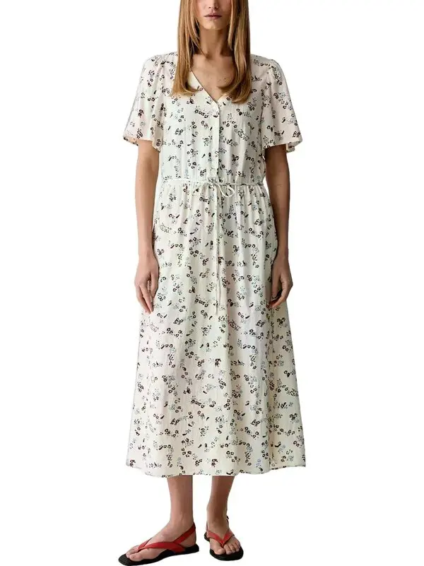 Marc O'polo Floral Print Midi Dress With V-neck And Drawstring Waist - Neutrals