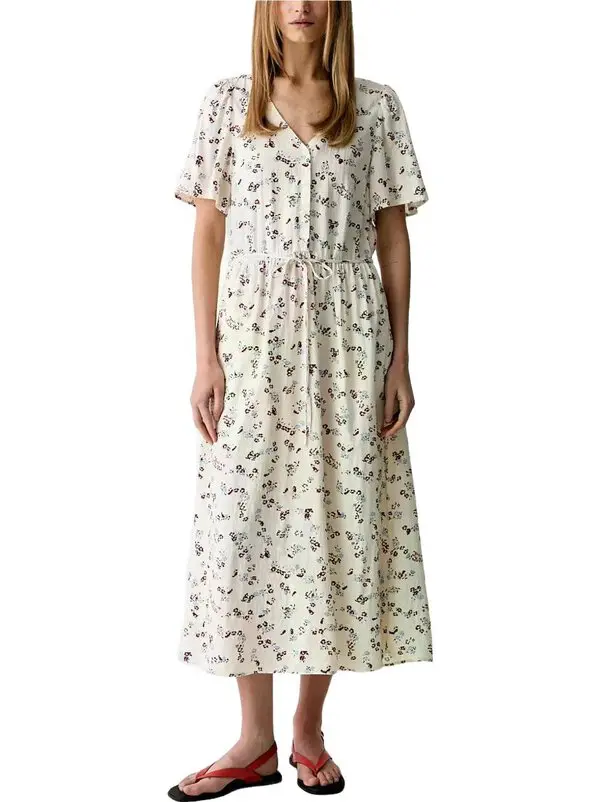 Marc O'polo Floral Print Midi Dress With V-neck And Drawstring Waist - Neutrals