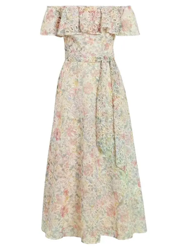 MIKAEL D Off-the-shoulder Broderie Anglaise Midi Dress - Neutrals