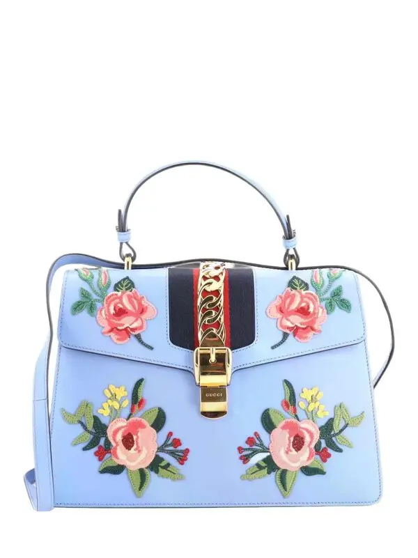 Gucci Sylvie Embroidered Leather Medium Satchel - Blue