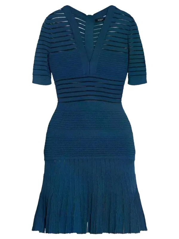 Balmain Ribbed-knit V-neck Mini Dress - Blue