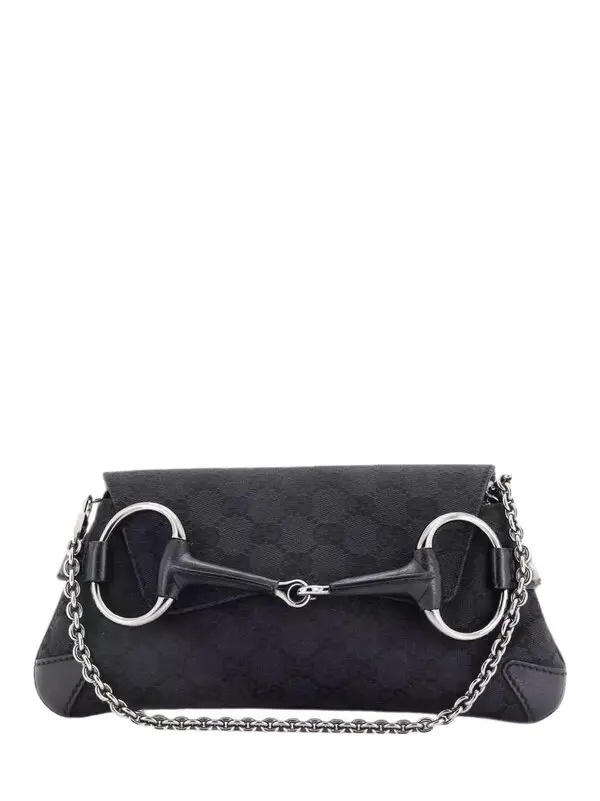 Gucci Horsebit Chain Gg Canvas Leather Clutch Bag - Black