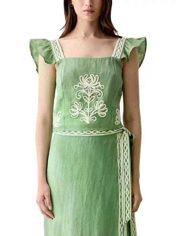 HOSS INTROPIA Embroidered Ruffled Top - Green
