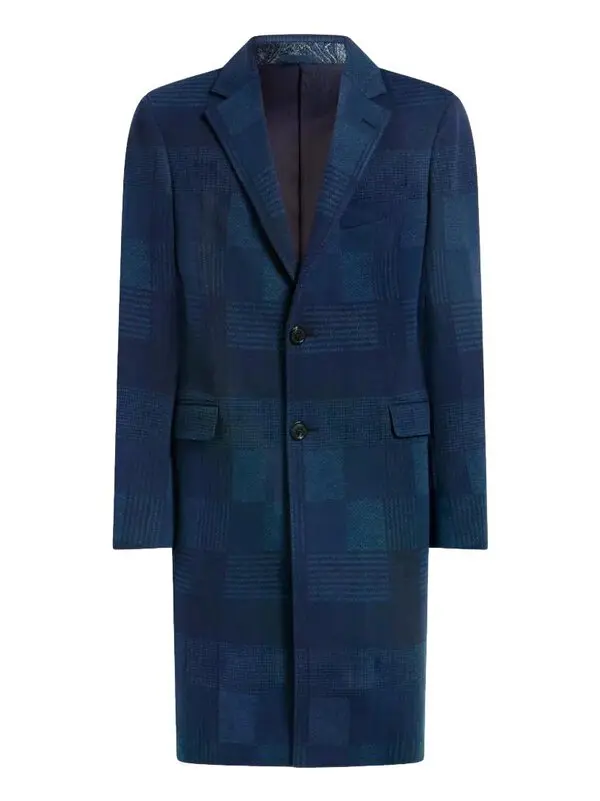 Etro Cotton And Wool Jacquard Coat With Checked Motif - Blue