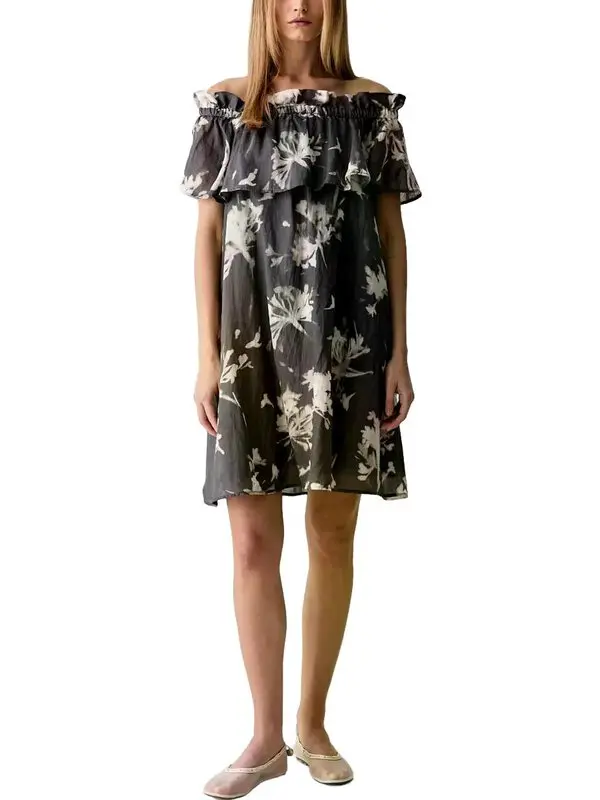 Marc O'polo Carmen Floral-print Off-the-shoulder Mini Dress - Grey