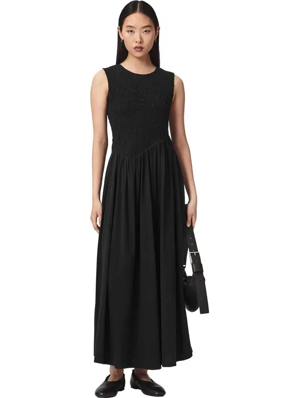 ALLSAINTS Luna Crinkle Cotton Midi Dress - Black