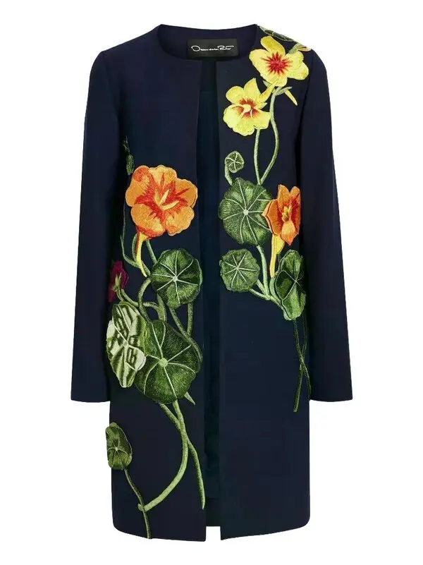 Oscar De La Renta Floral Appliquéd Grain De Poudre Coat - Blue