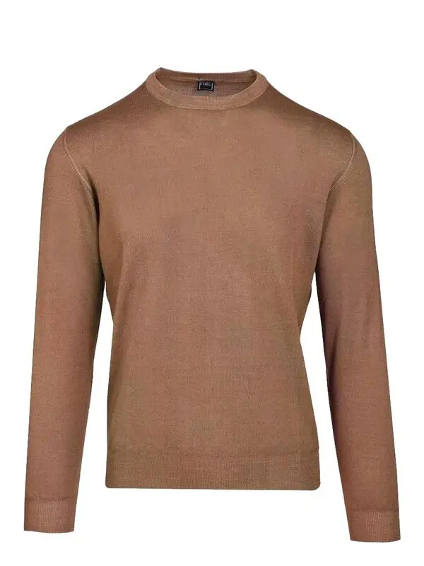Fedeli Crew Neck Fine Knit Wool Sweater - Brown