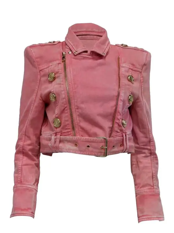 Balmain Cropped Denim Jacket With Gold-tone Logo-embossed Buttons - Pink
