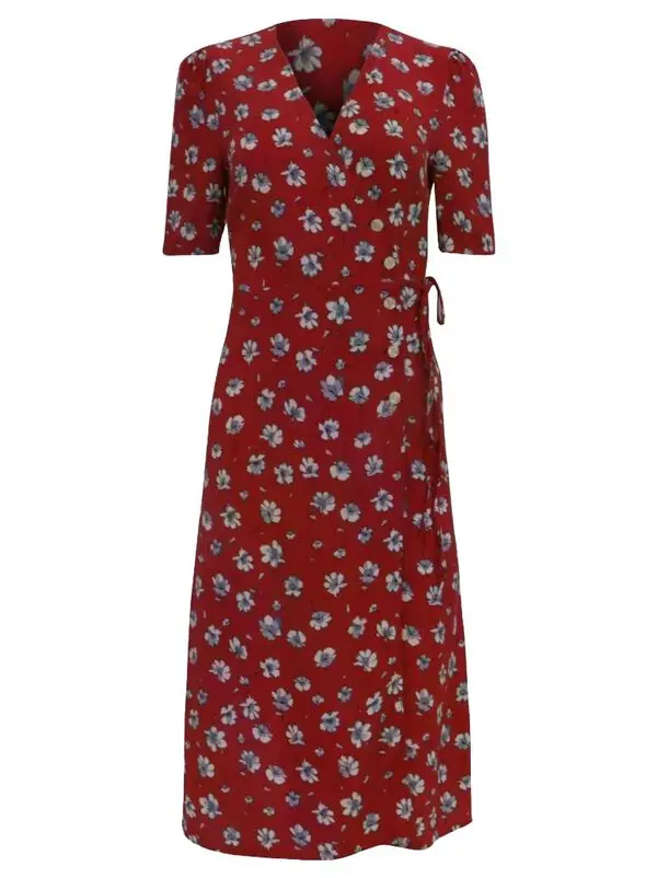 Rouje Floral Print V-neck Short Sleeve Wrap Dress - Red