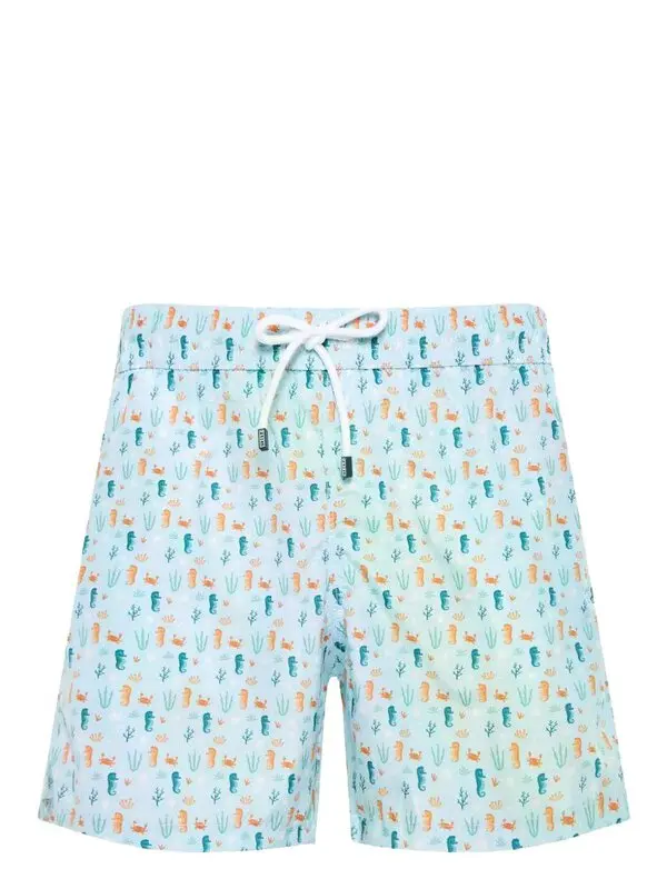 Fedeli Seahorse Print Drawstring Swim Shorts - Blue