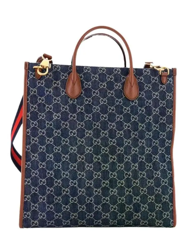 Gucci Interlocking G Patch Web Strap Convertible Gg Denim Tall Tote Bag - Blue