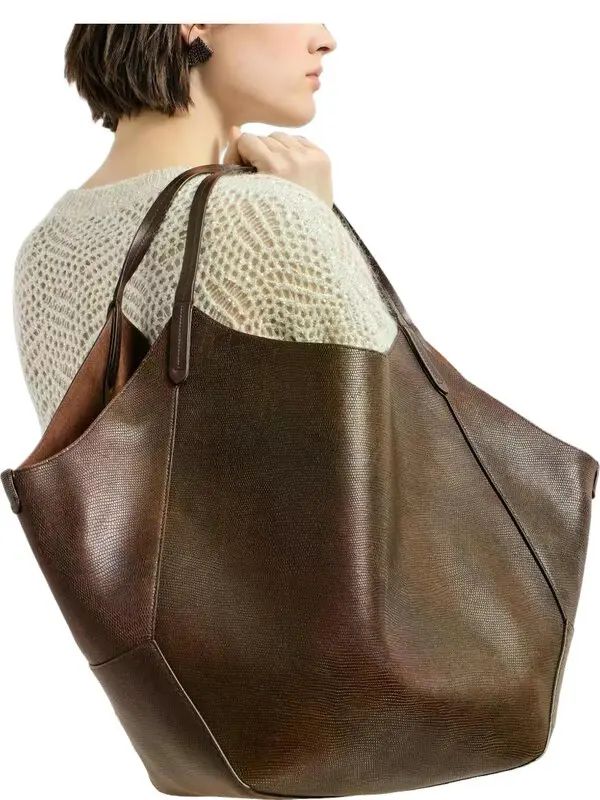 Brunello Cucinelli Reversible Duo Shopper In Lizard-effect Calfskin - Brown