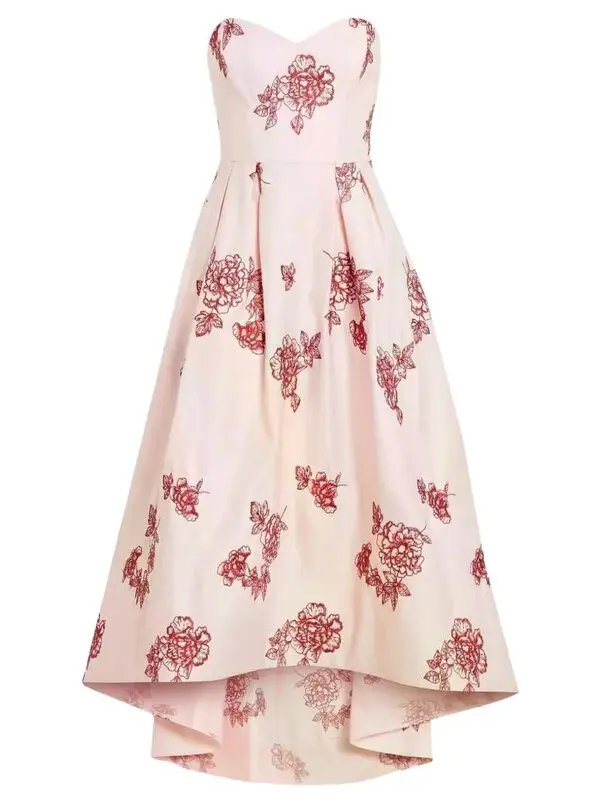 Marchesa Strapless Sweetheart Neck Maxi Dress With Floral Embroidery - Pink