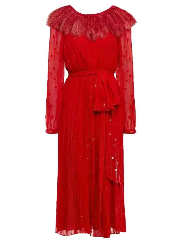 Valentino Garavani Feather-trimmed Fil Coupé Midi Dress - Red