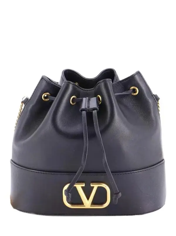 Valentino Garavani Vlogo Drawstring Pouch Leather Bucket Bag - Black
