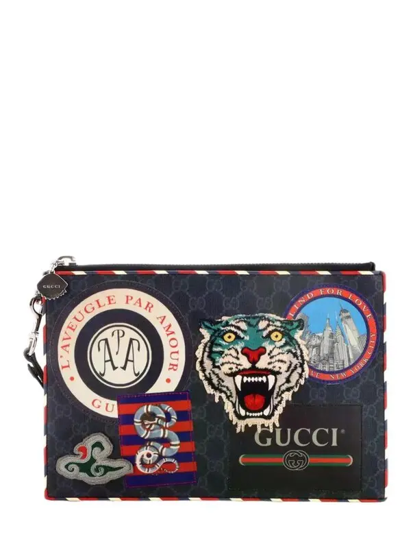 Gucci Gg Coated Canvas Pouch With Applique - Black