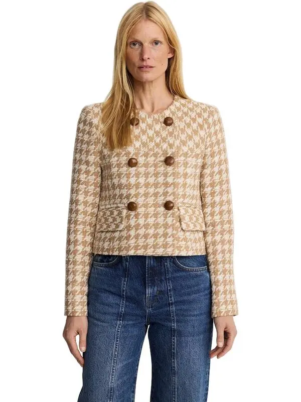 Smythe Collarless Houndstooth Double-breasted Cropped Jacket - Camel Houndstooth