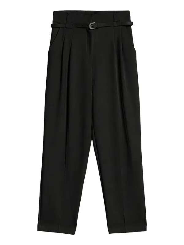 NOCTURNE Belted Pleated Front Tapered Trousers - Black