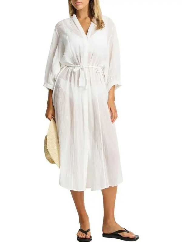 SEA LEVEL Salt Boho Semisheer Cotton Cover-up Shirtdress - White