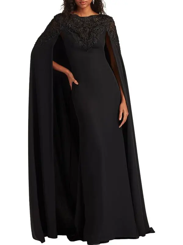 Tadashi Shoji Lace & Crepe Cape Gown - Black