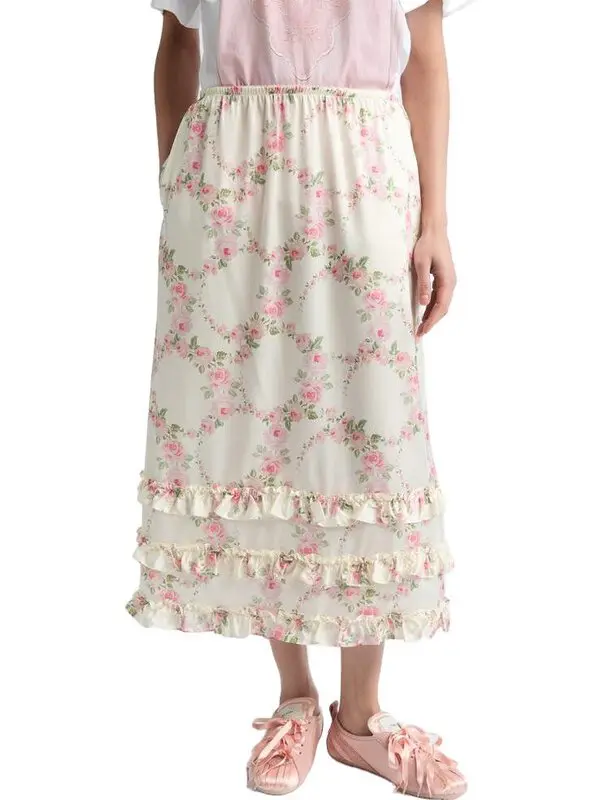 Simone Rocha Floral Ruffle Hem Skirt - Cream