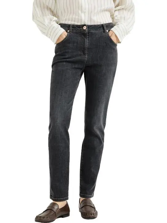Brunello Cucinelli Slim Five-pocket Trousers With Leather Tab Detail - Dark Grey