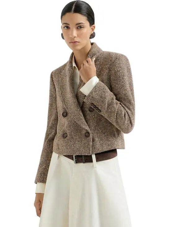 Brunello Cucinelli Sparkling Virgin Wool Chevron Cropped Blazer - Light Brown
