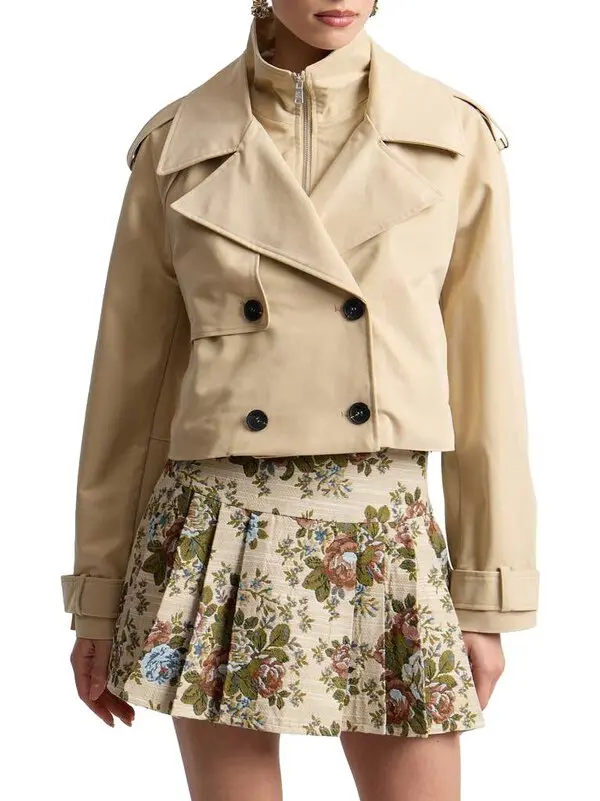 Avec Les Filles Cropped High Neck Jacket With Notched Lapels And Belted Cuffs - Khaki